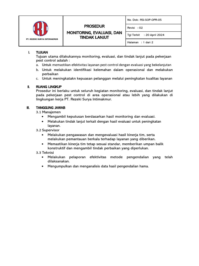 SOP Monitoring, Evaluasi, Dan Tindak Lanjut | PDF