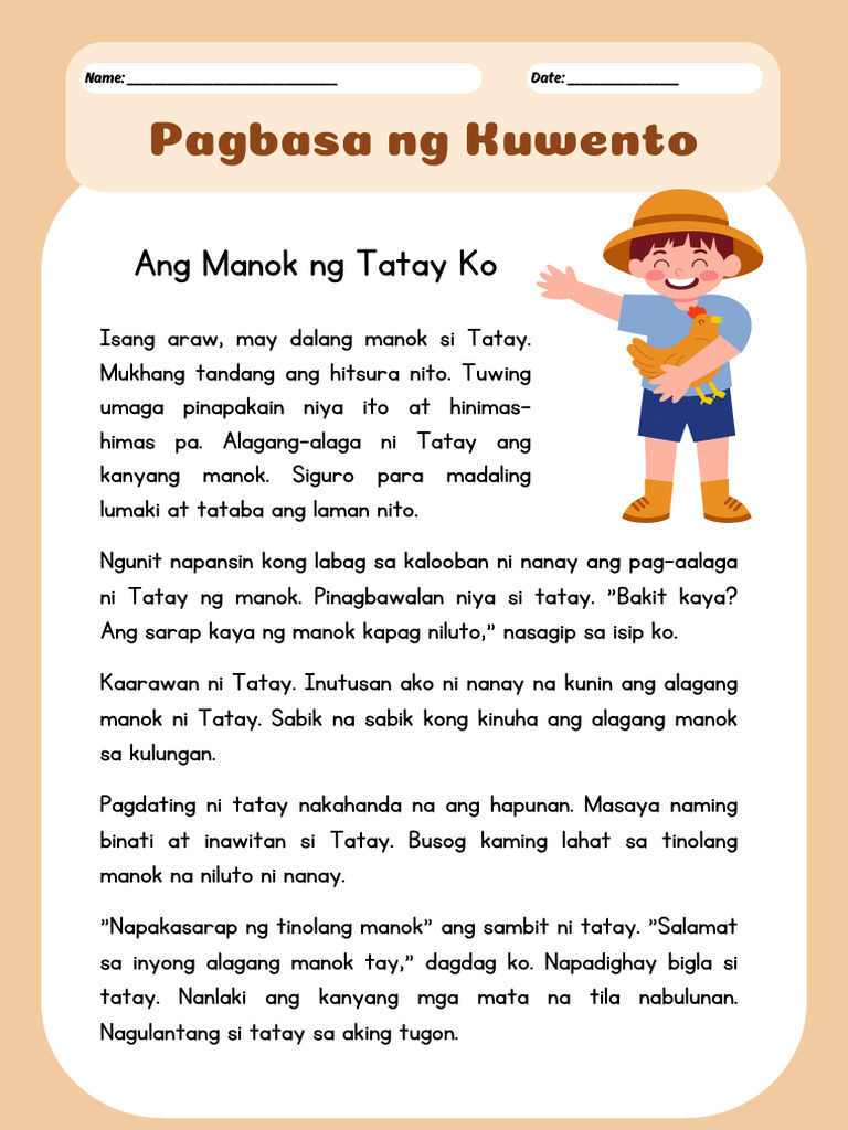 Brown Vintage Filipino Story Reading Comprehension Worksheet | PDF