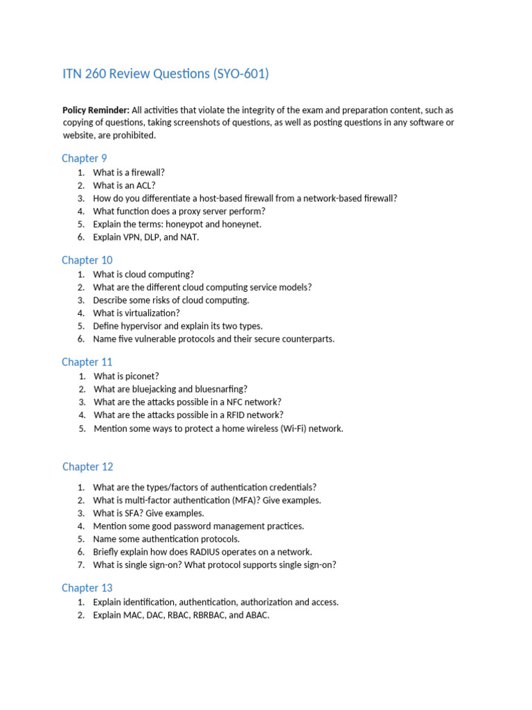 ITN 260 Review Questions Ch9-15 | PDF | Risk | Authentication