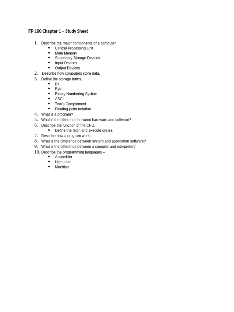 ITP 100 - Exam 1 Study Sheet | PDF