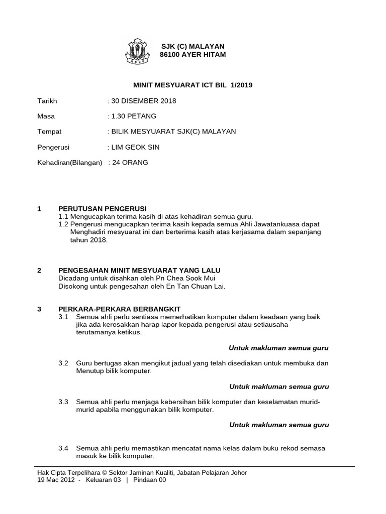 PK07-3 Contoh Format Minit Mesyuarattmk1 | PDF