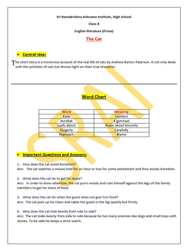 English Class X Prose The Cat | PDF | Cats | Animals And Humans