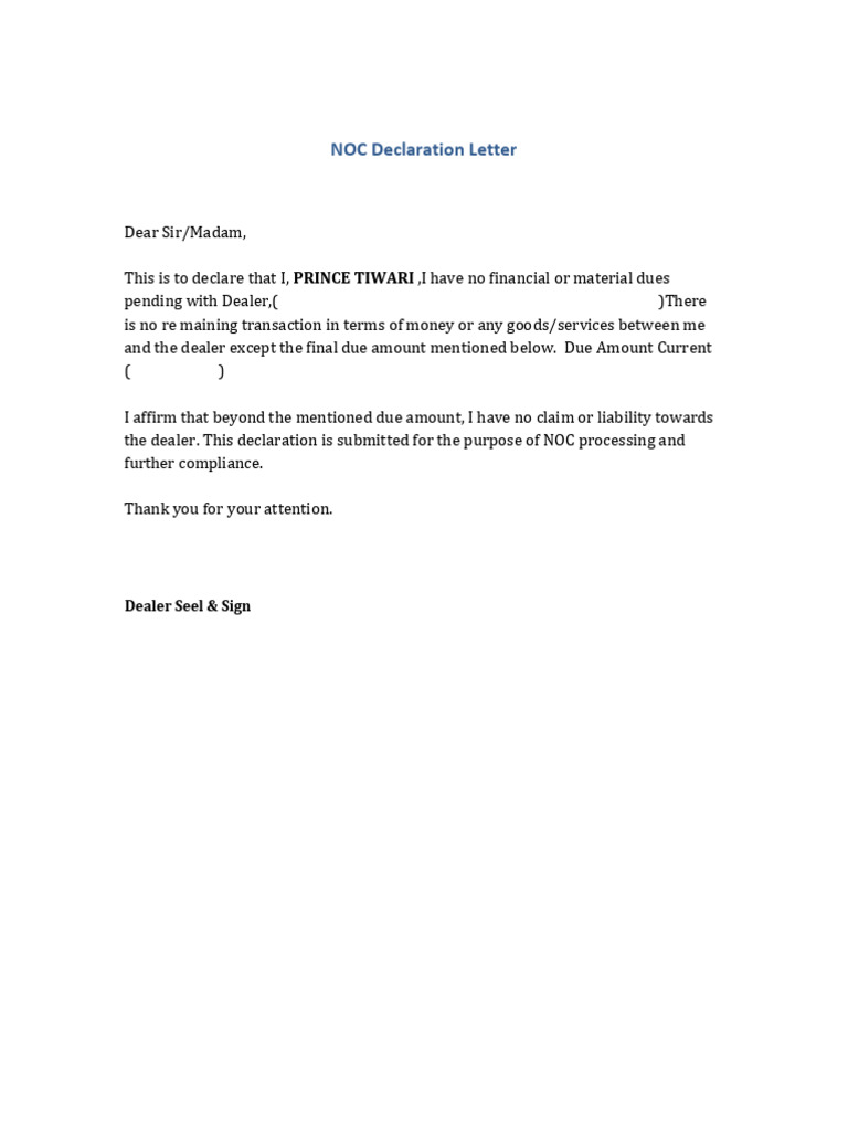NOC Declaration Letter: Prince Tiwari | PDF