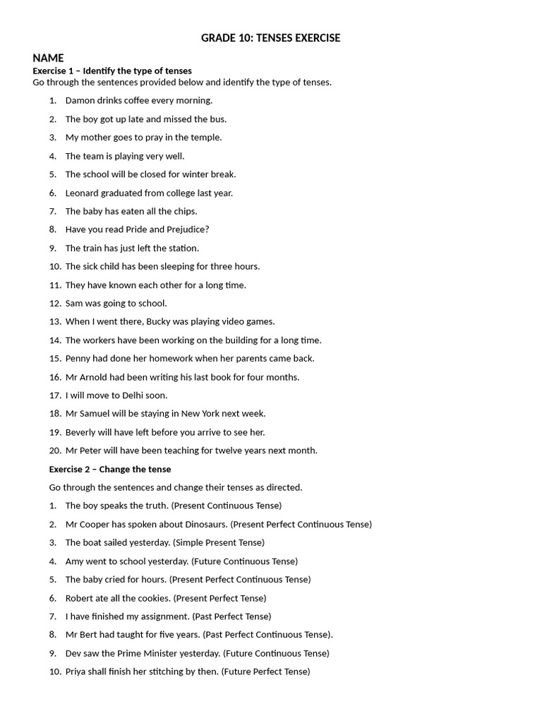 g10 Ak Worksheet - Tenses Exercise | PDF | Linguistics | Grammar