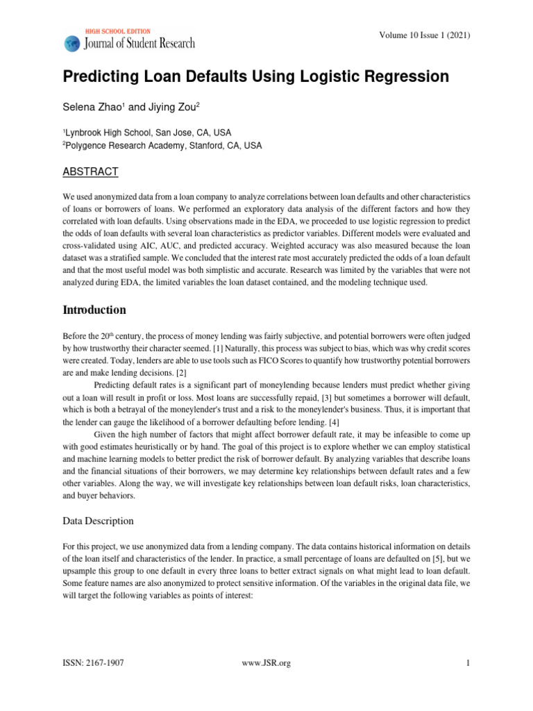 Loan Default Prediction Article Mar 31 2021 | PDF | Loans | Linear ...
