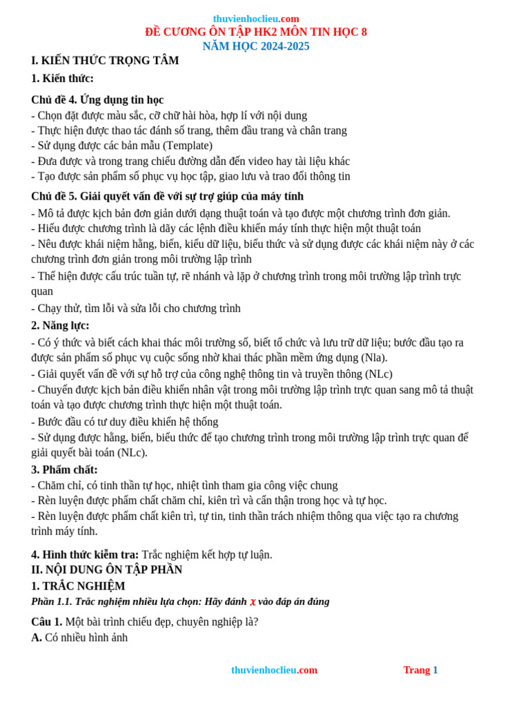 De Cuong On Tap Cuoi HK2 Tin 8 KNTT | PDF