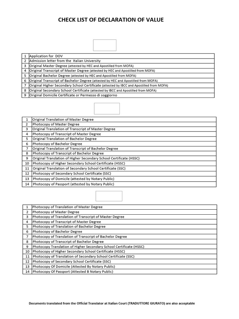 DOV Document Checklist for Italy | PDF