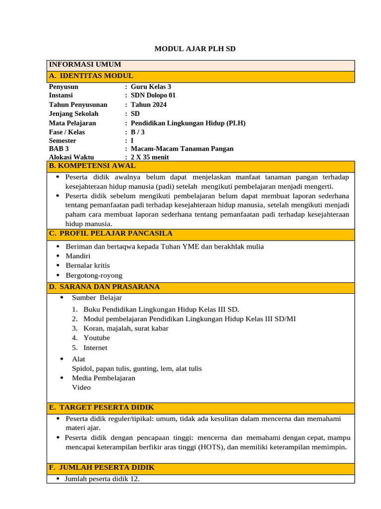 Modul Ajar PLH Kelas 3 Bab 3 | PDF