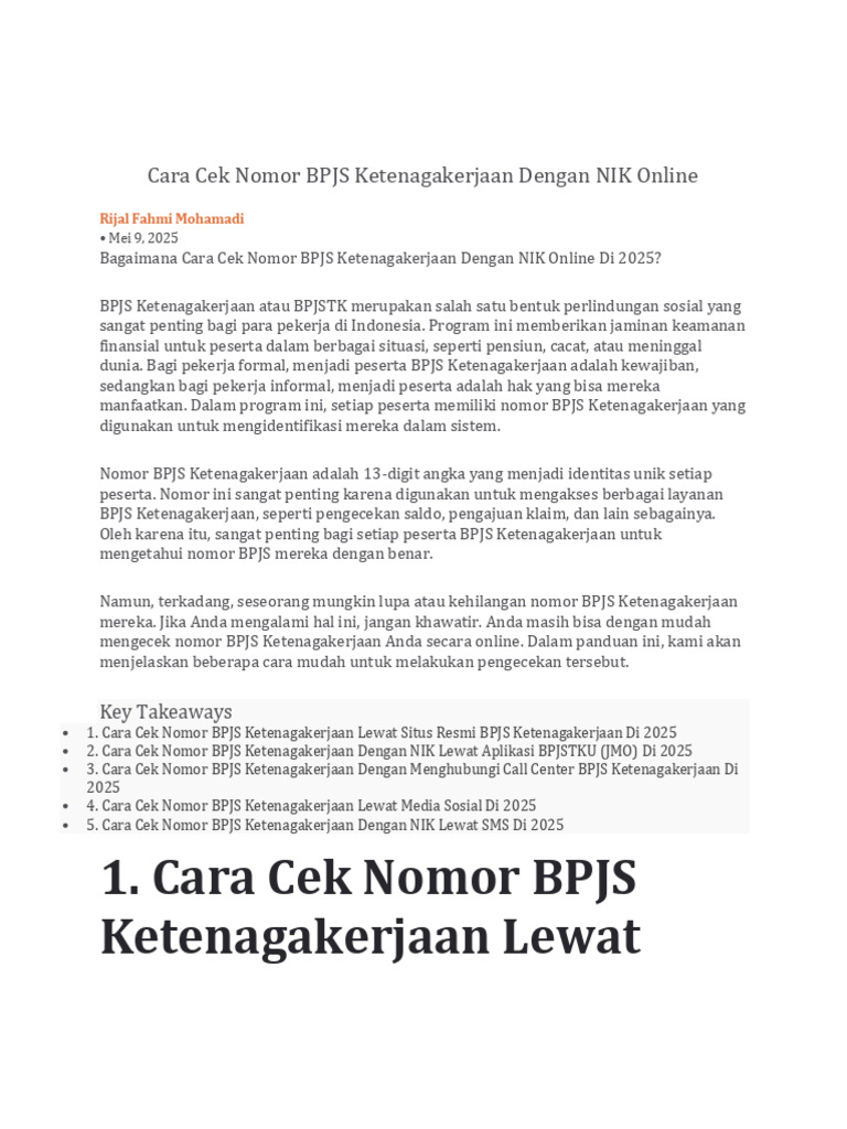 Cara Cek Nomor BPJS Ketenagakerjaan Dengan NIK Online | PDF