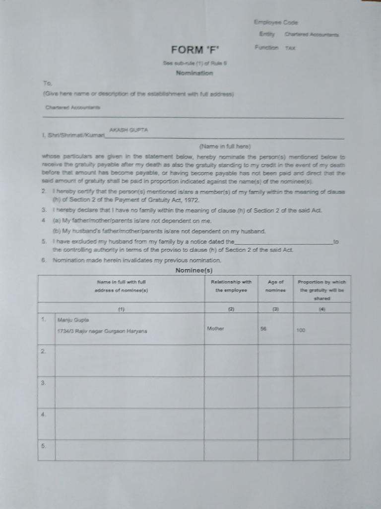 Gratuity Form F Nomination Guide | PDF | Government
