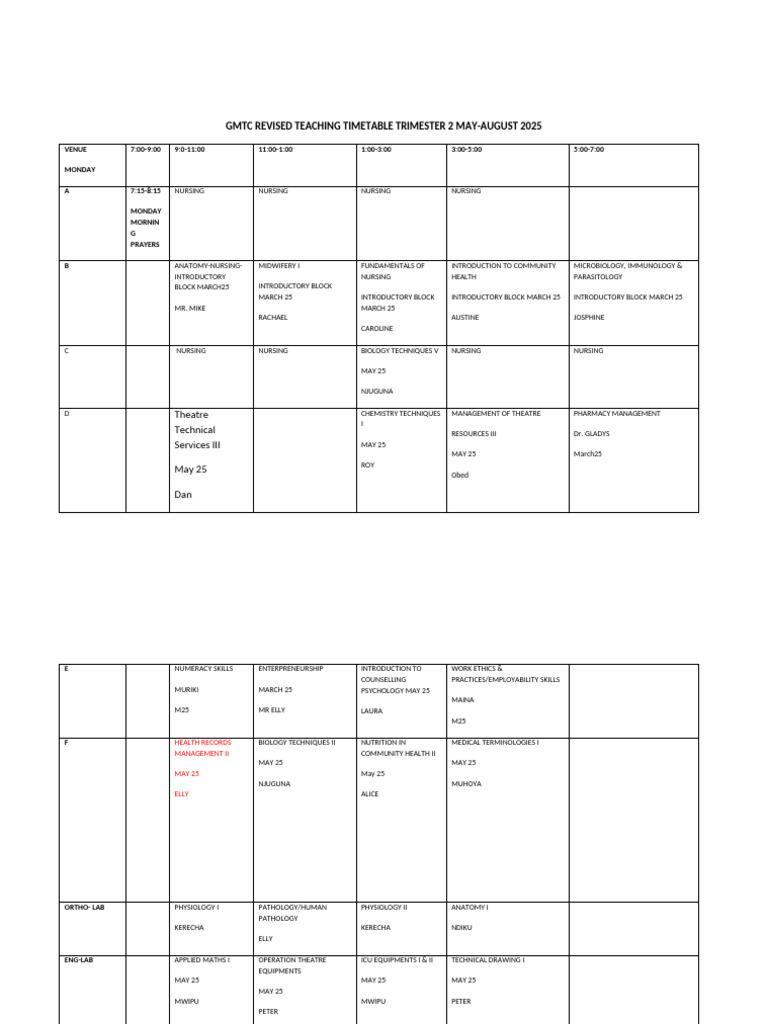 May August 25 TEACHING TIMETABLE | PDF | Nursing | Clinical Medicine