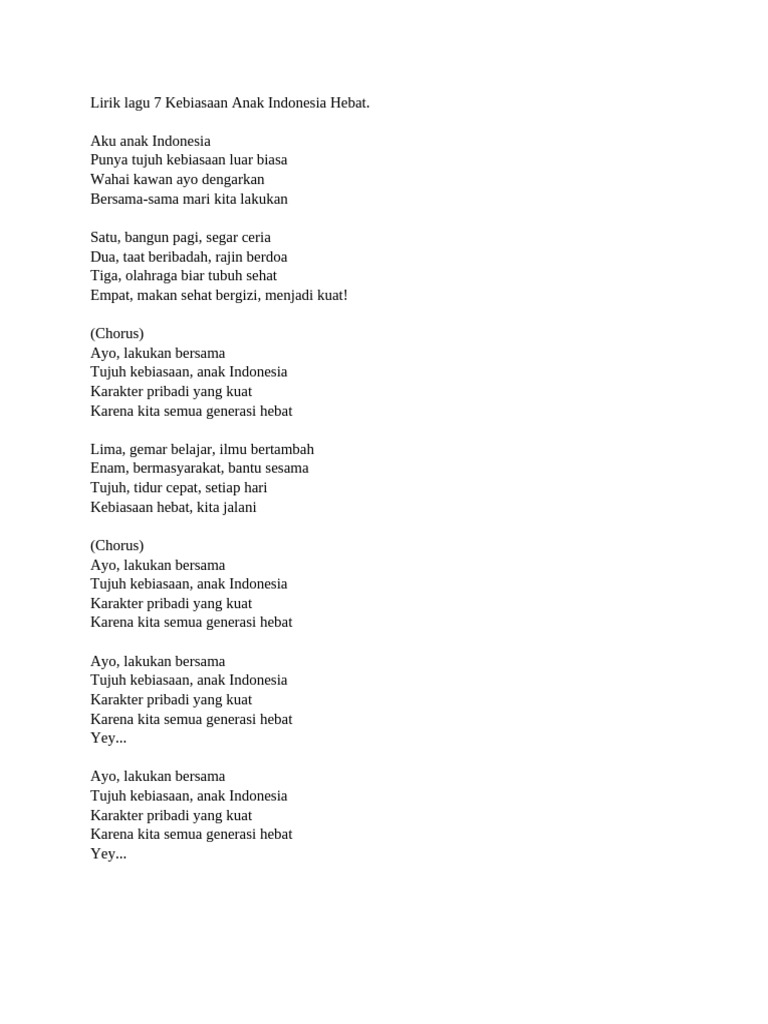 Lirik Lagu 7 Kebiasaan Anak Indonesia Hebat | PDF