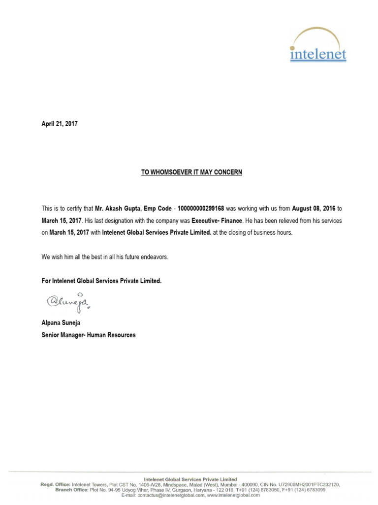 Experience Cum Relieving Letter Intelenet | PDF