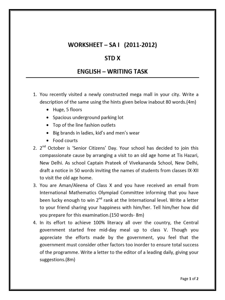 CBSE Class 10 English Worksheet - Writing Task | PDF
