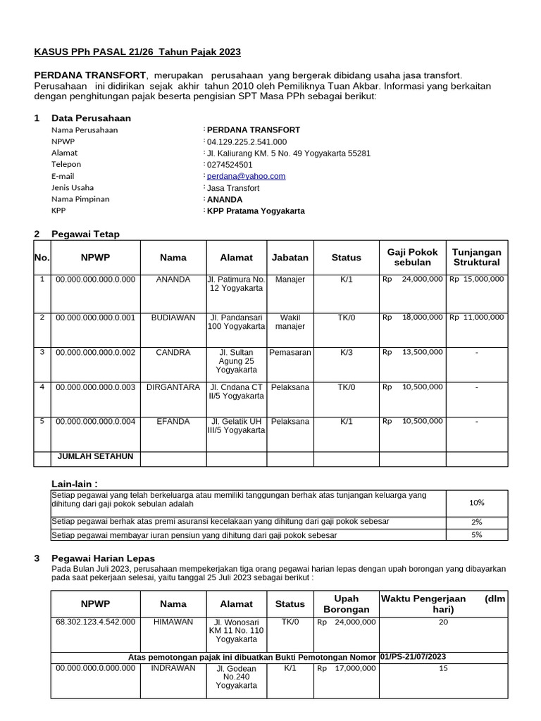 BLANKO JAWABAN KASUS PJK & APLIKASI PERDANA TRANSPORT PPH PASAL 21 OP KARYAWAN NON NPWP 2024 ...