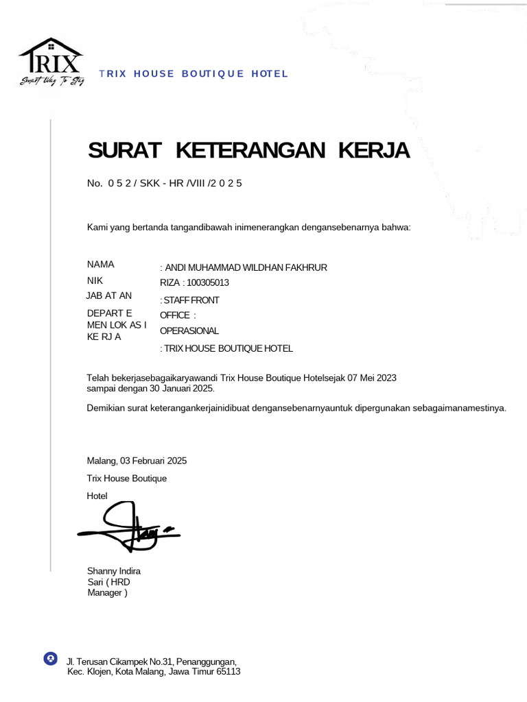 Surat Refrensi Trix House | PDF