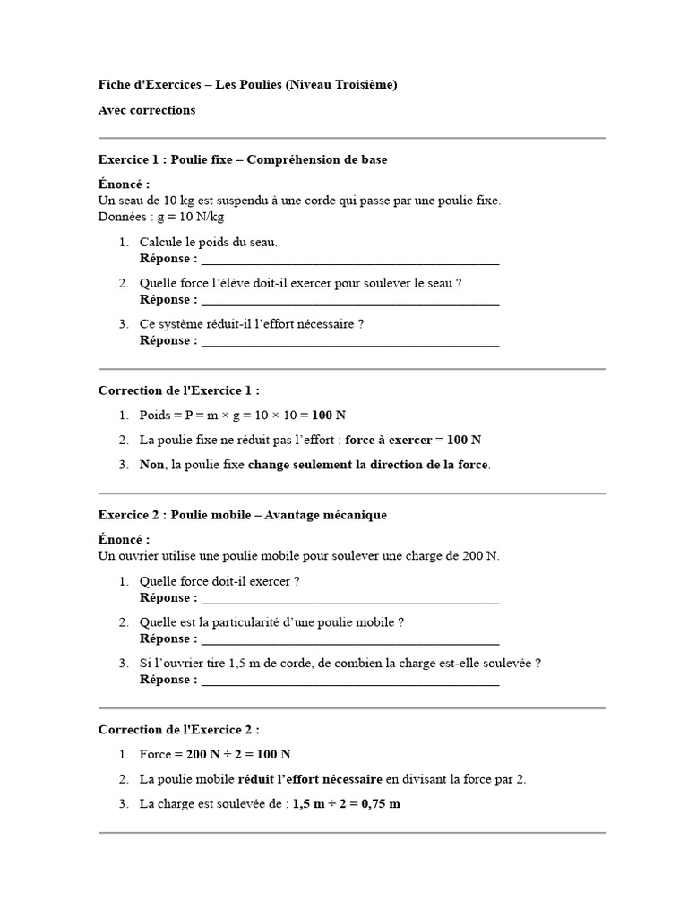 Exercices Corrigés sur les Poulies | PDF | Biens manufacturés