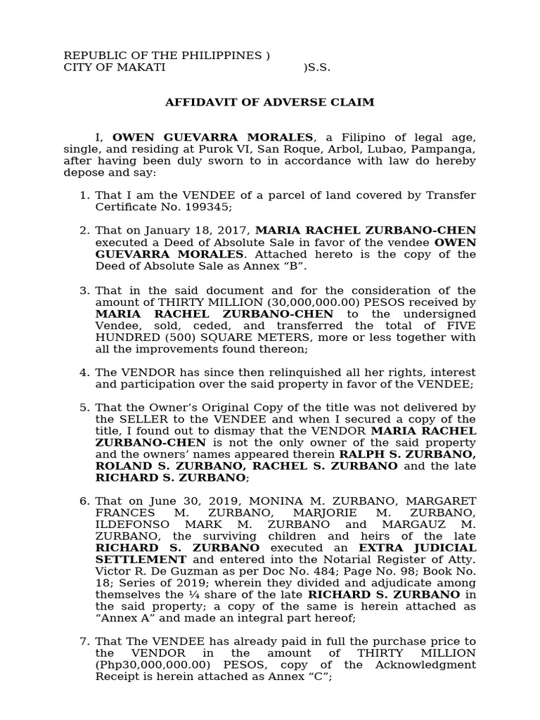 Adverse Claim-Deed of Sale | PDF | Affidavit | Common Law