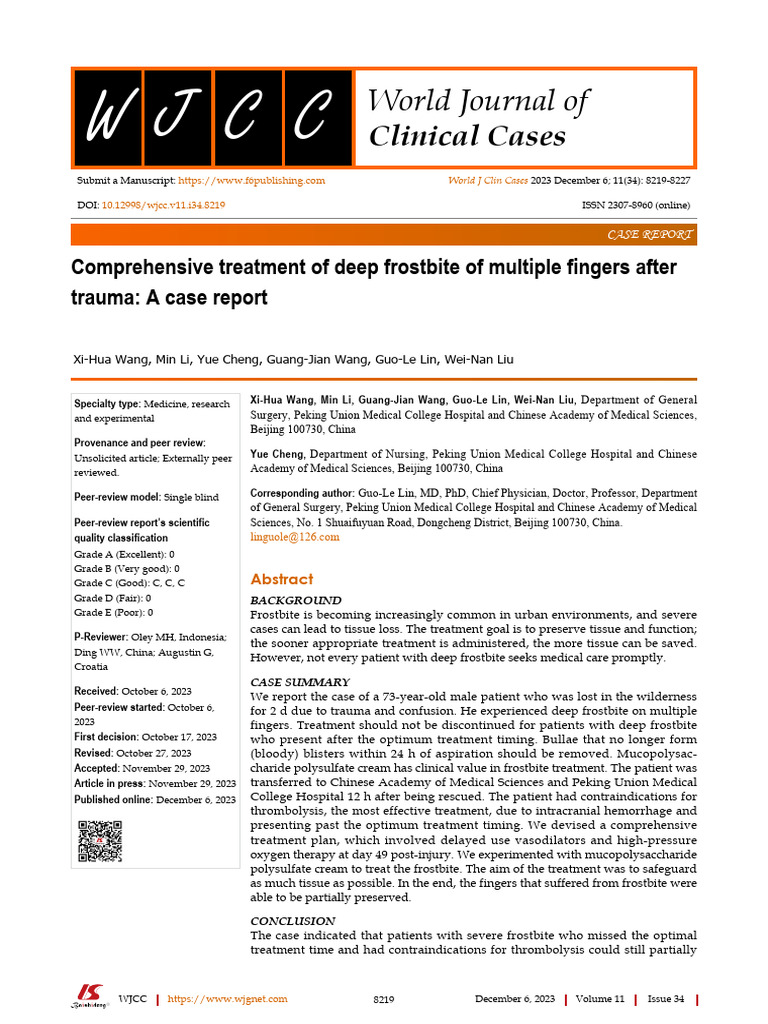Comprehensive Treatment of Deep Frostbite of Multiple Fingers After ...