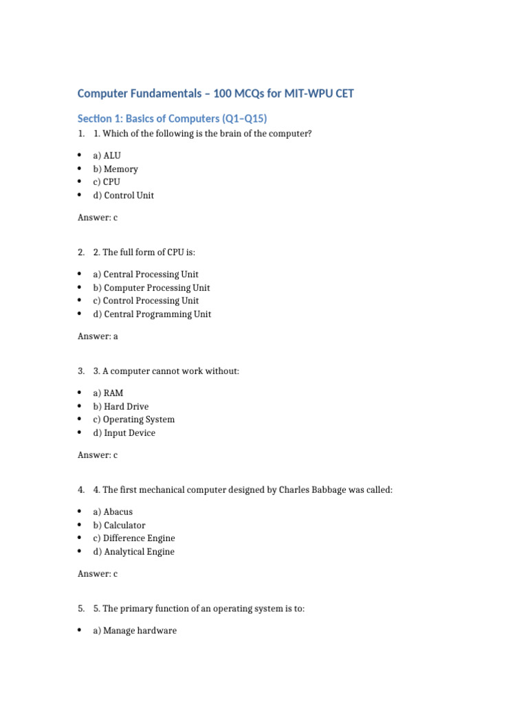 Computer Fundamentals MITWPU CET MCQ | PDF