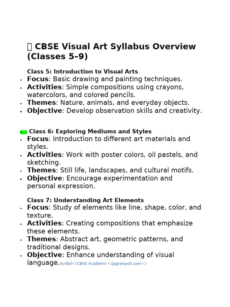 ? CBSE Visual Art Syllabus Overview 5th To 9th | PDF | Paintings | Drawing