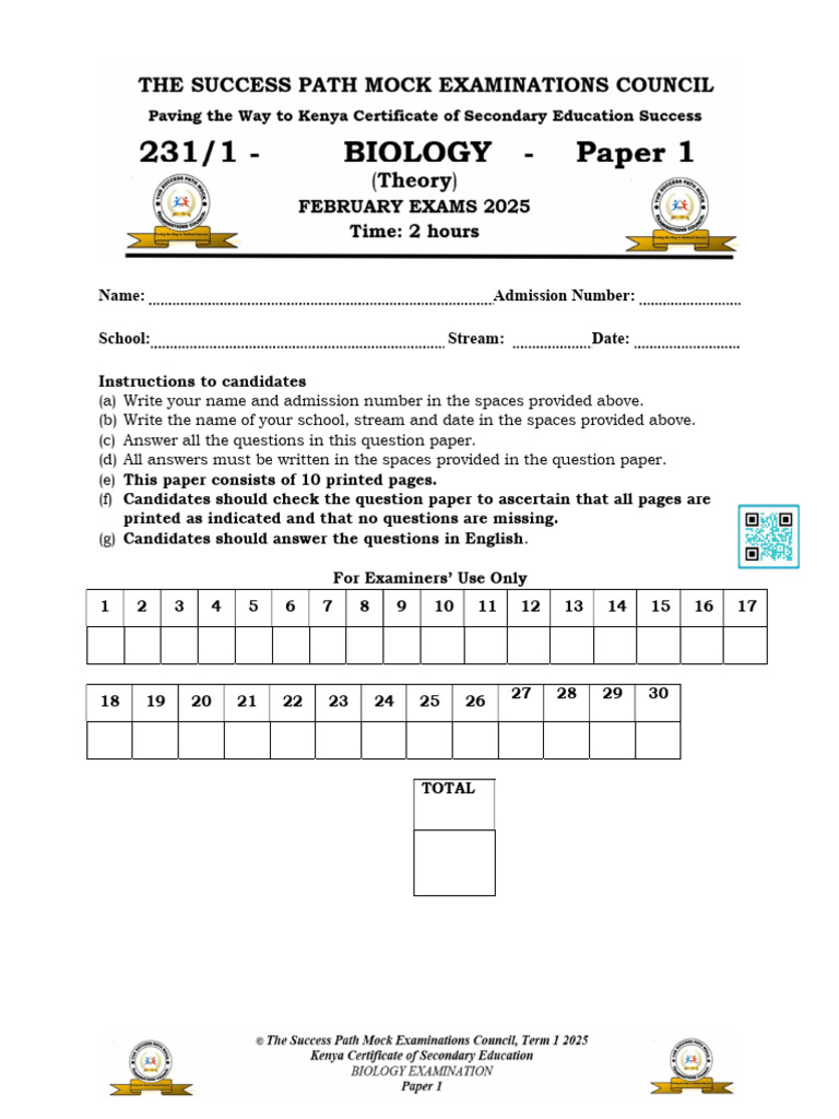 SUCCESS FEB BIOLOGY PP1 F4 T1 QS | PDF | Biology