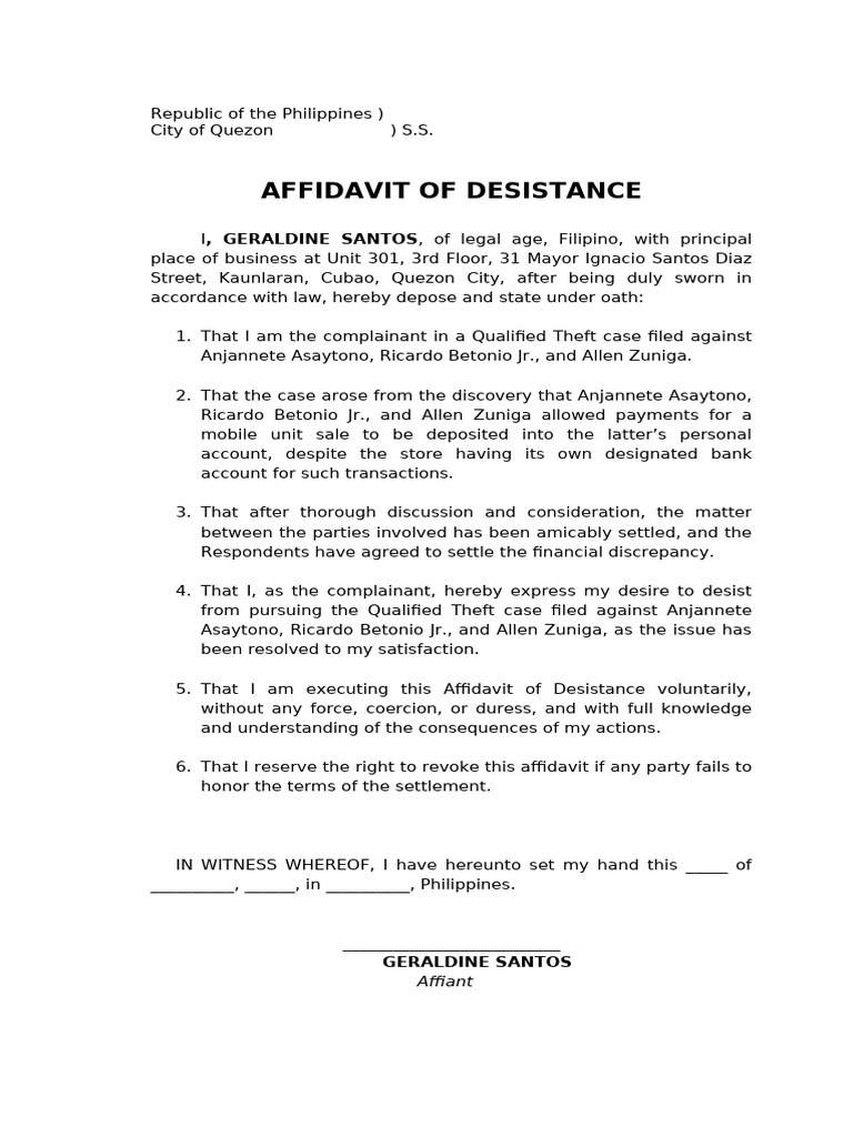 Affidavit of Desistance | PDF