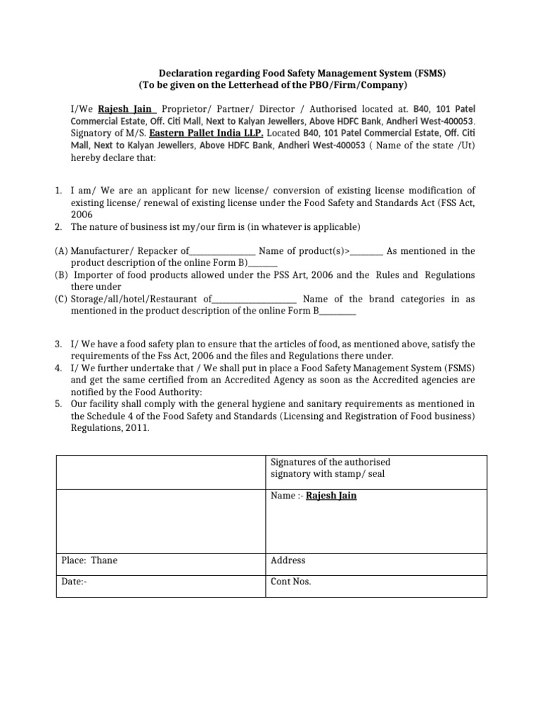 Food Safety Management System Declaration | PDF | Justice | Crime ...