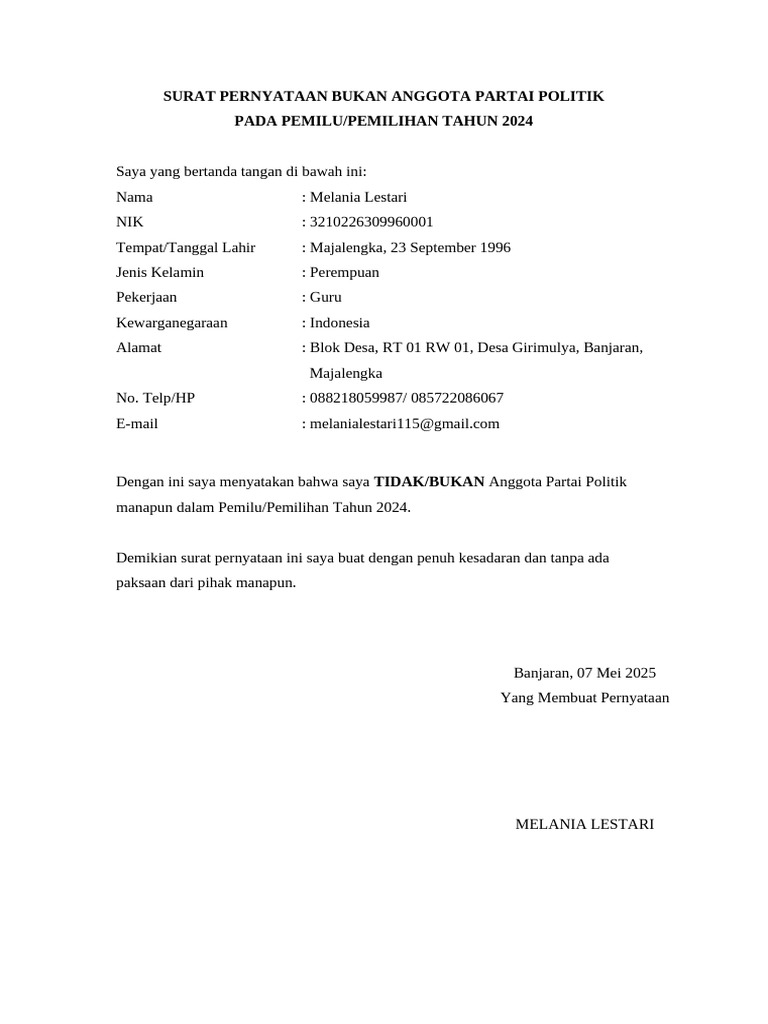 SURAT PERNYATAAN BUKAN ANGGOTA PARTAI POLITIK | PDF