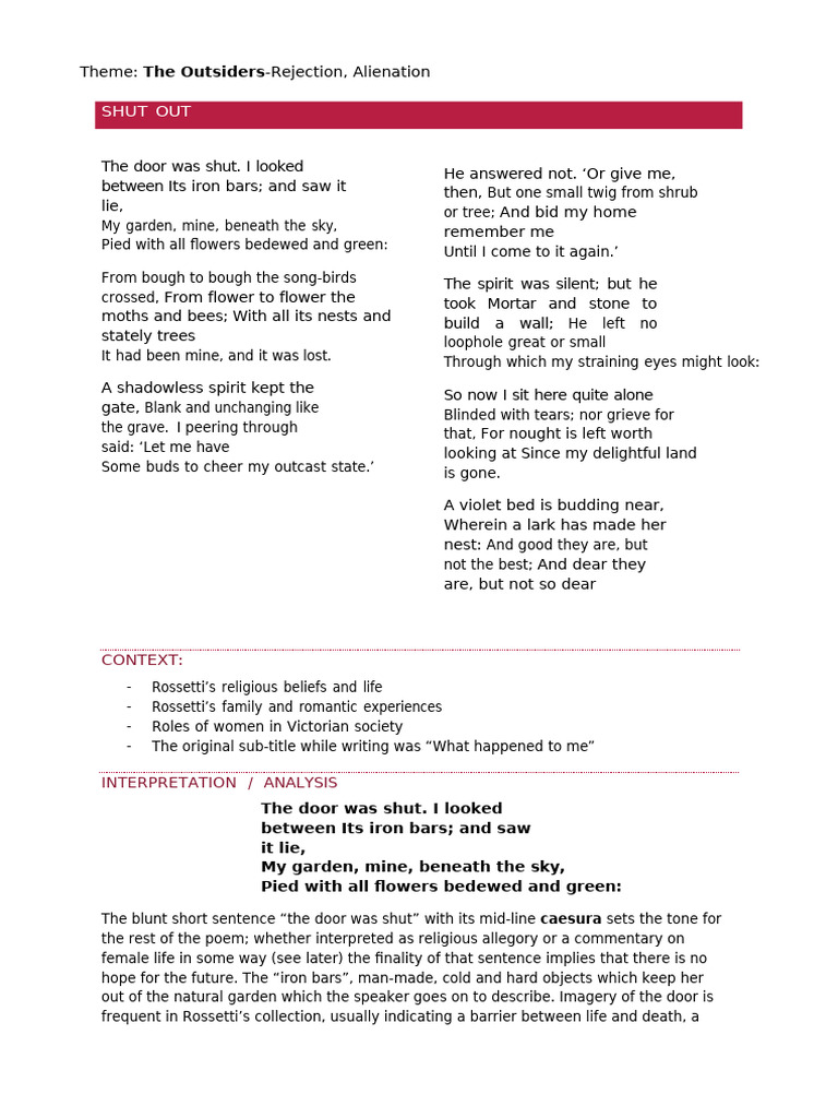 Alienation in Rossetti's "Shut Out" | PDF | Poetry | Eve