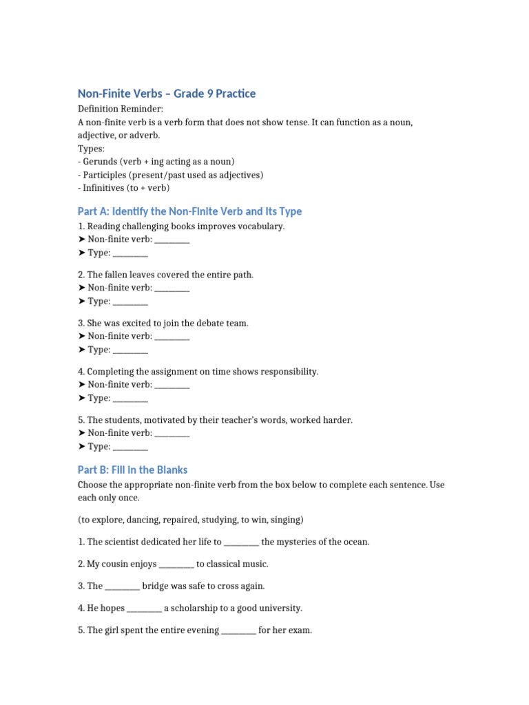 Non Finite Verbs Grade9 Exercise | PDF