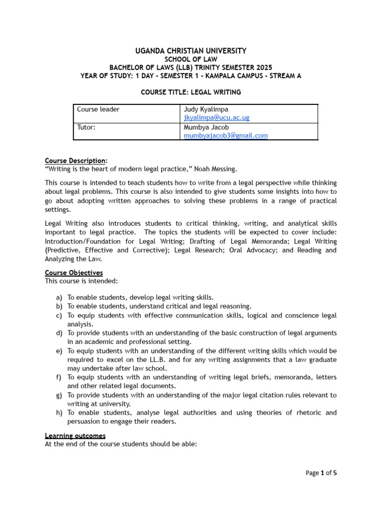 Legal Writing Course Outline for LLB1 | PDF | Memorandum | Brief (Law)