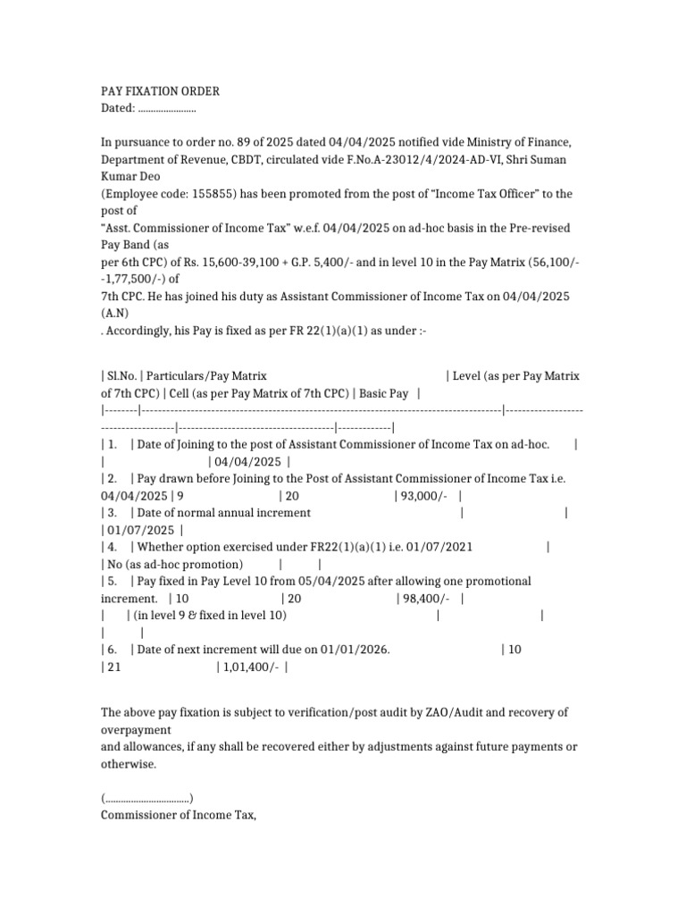 Pay Fixation Order for Asst. Commissioner | PDF | Government Finances ...