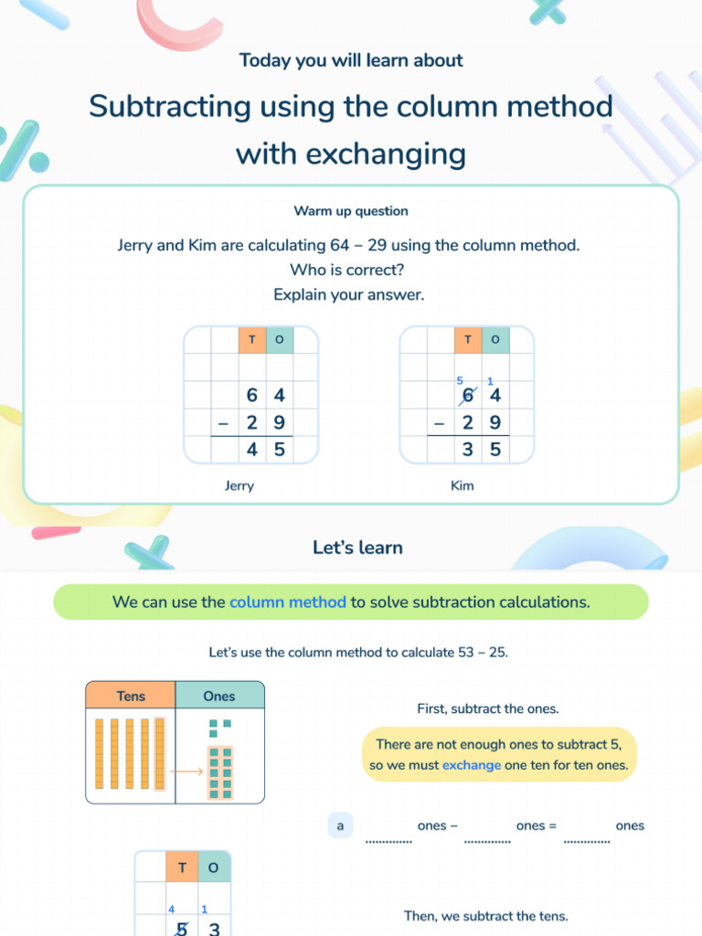 Y3 Subtracting Using The Column Method With Exchanging | PDF
