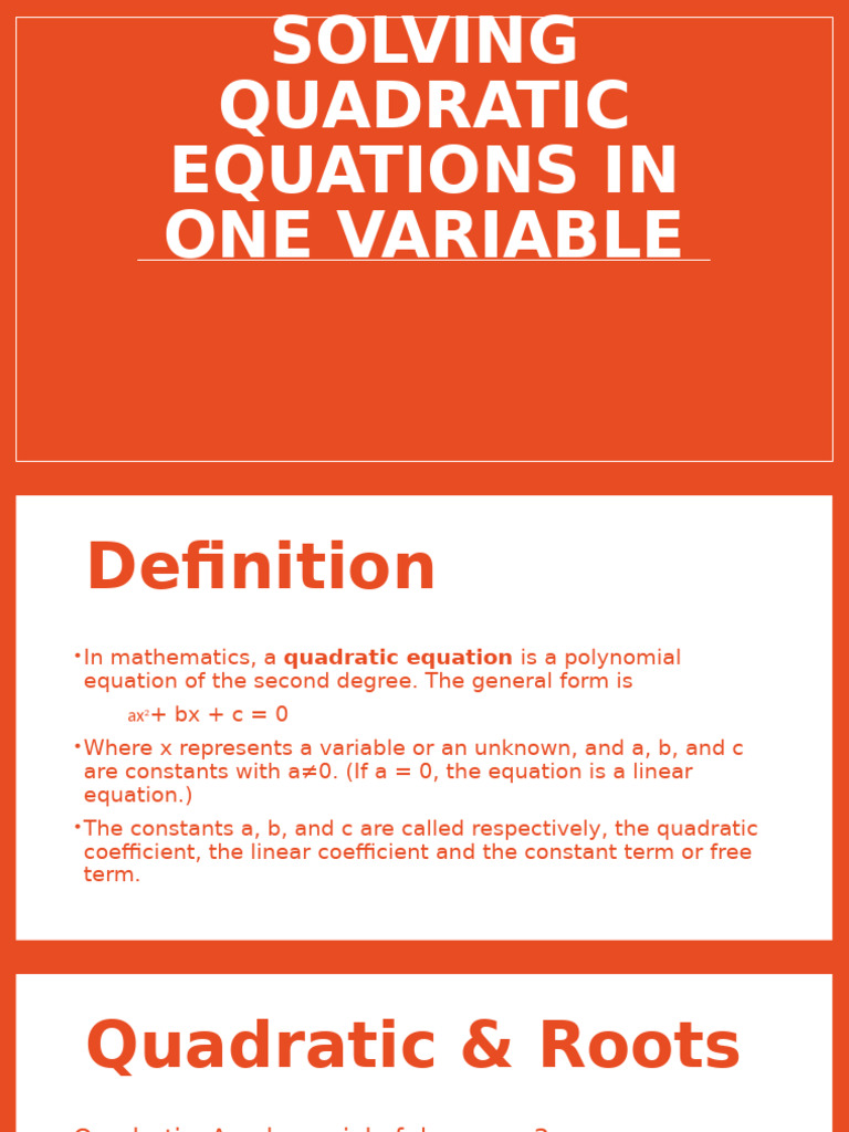 Solving Quadratic Equations IN ONE VARIABLE | PDF | Quadratic Equation ...