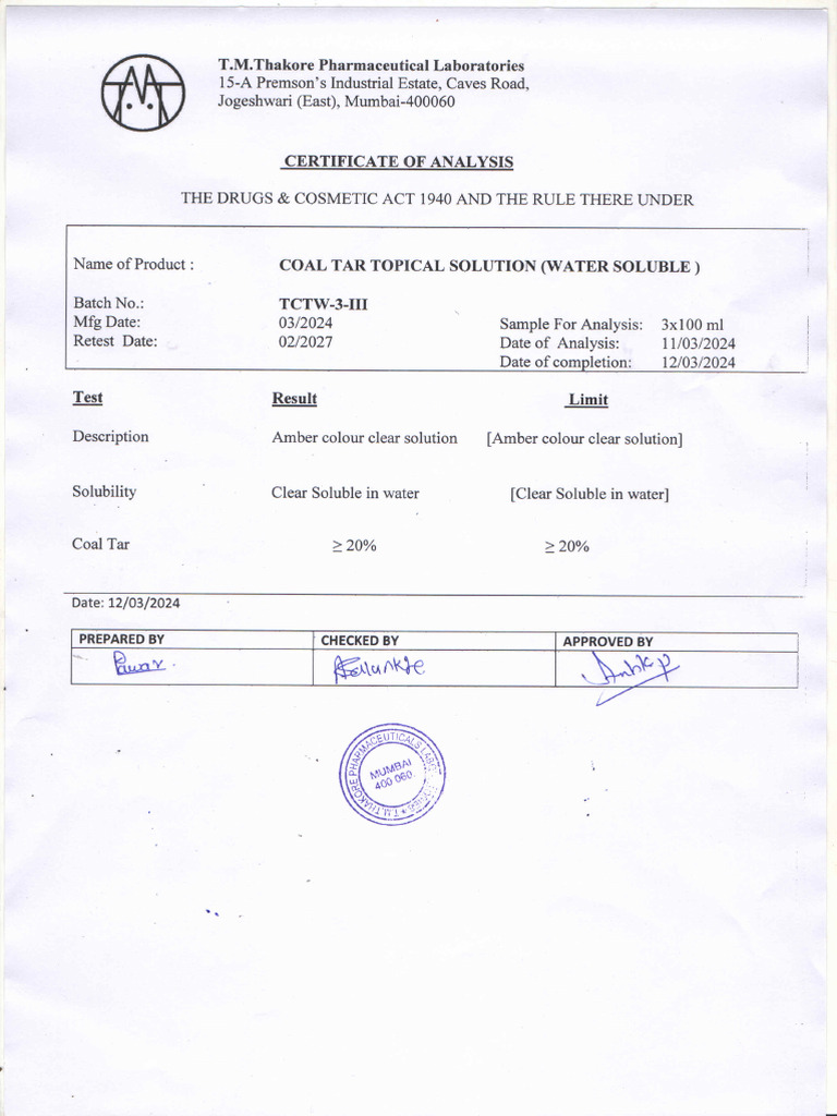 COA of Coal Tar Topical Solution Water Soluble[1] | PDF