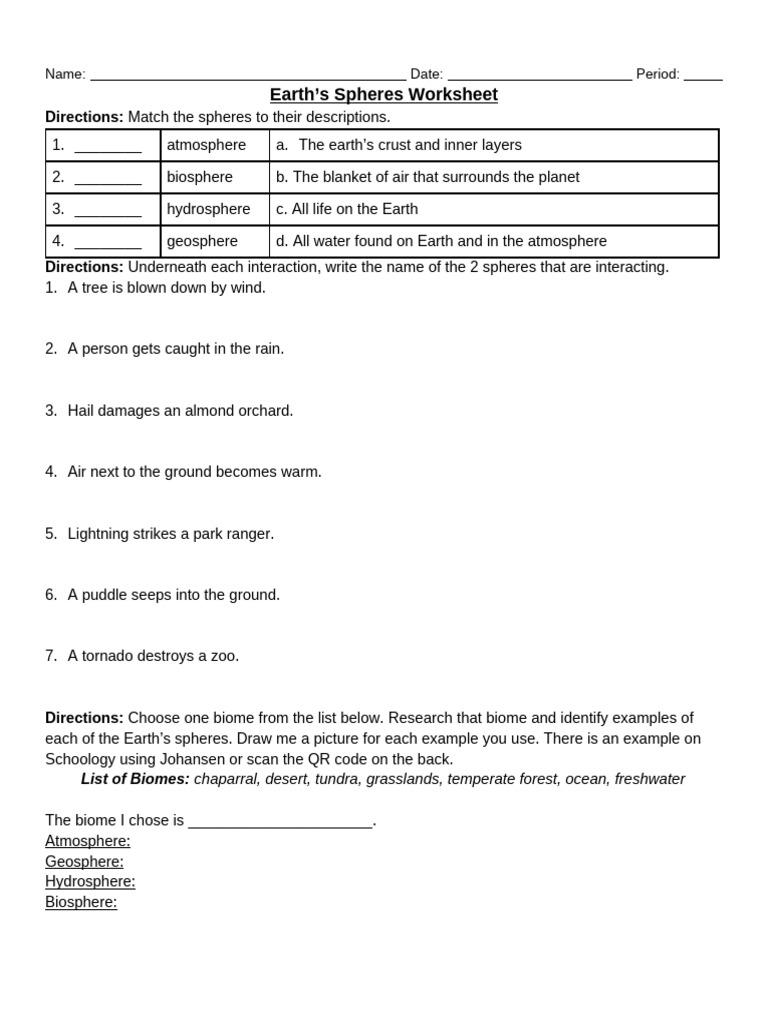 Earth's Spheres Worksheet | PDF