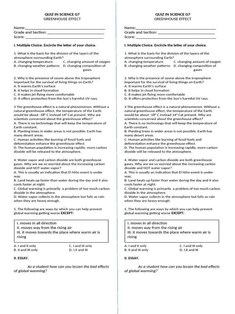 Quiz in Science Greenhouse Effect | PDF | Greenhouse Effect ...