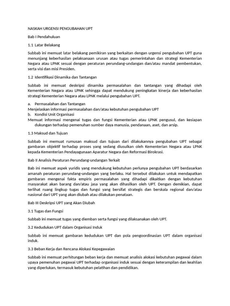 Naskah Urgensi Pengubahan UPT | PDF