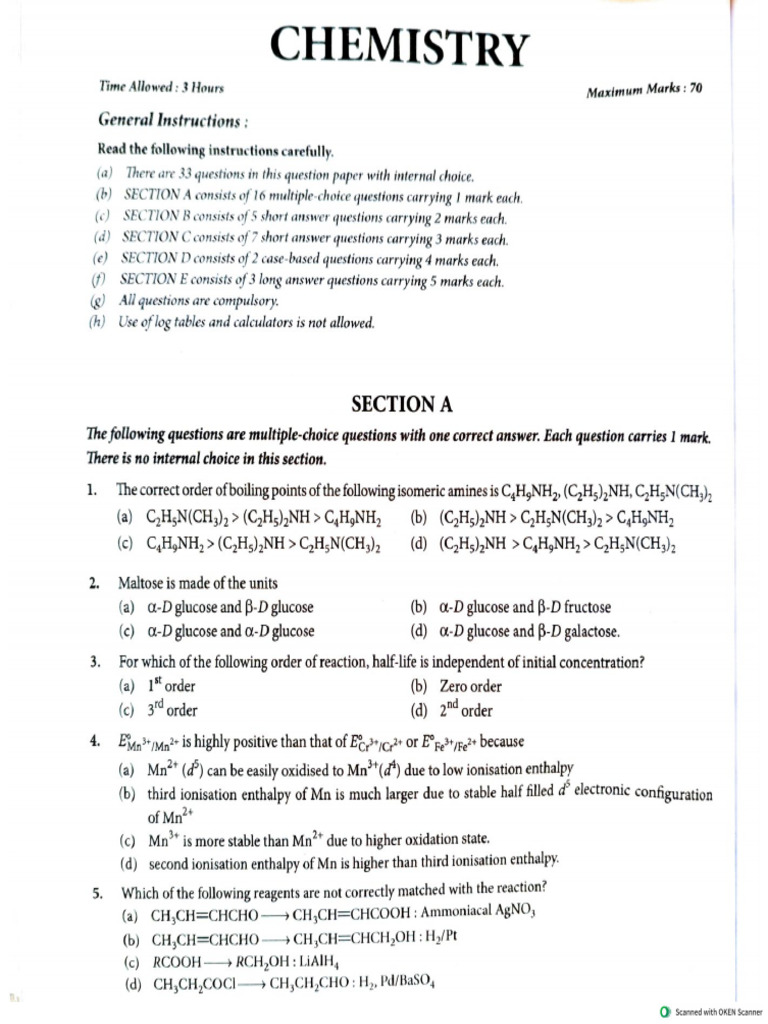 Chemistry Class 12 Sample Paper | PDF