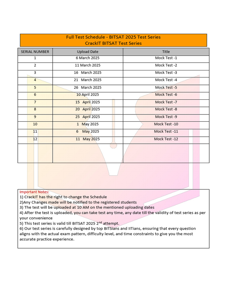 BITSAT 2025 Mock Test Schedule | PDF