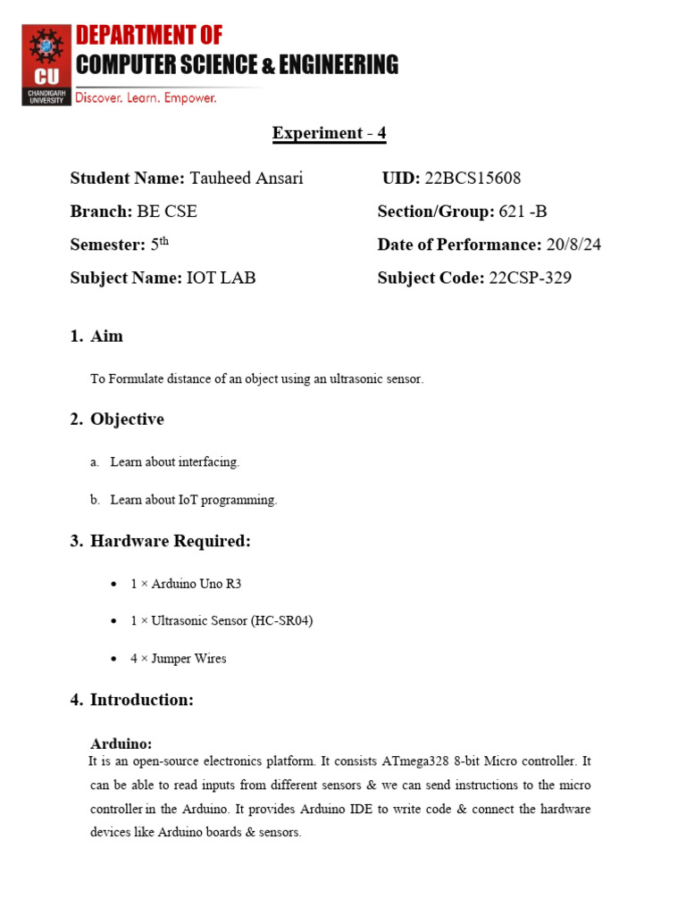 Tauheed_IoT_Experiment-4 | PDF | Arduino | Ultrasound