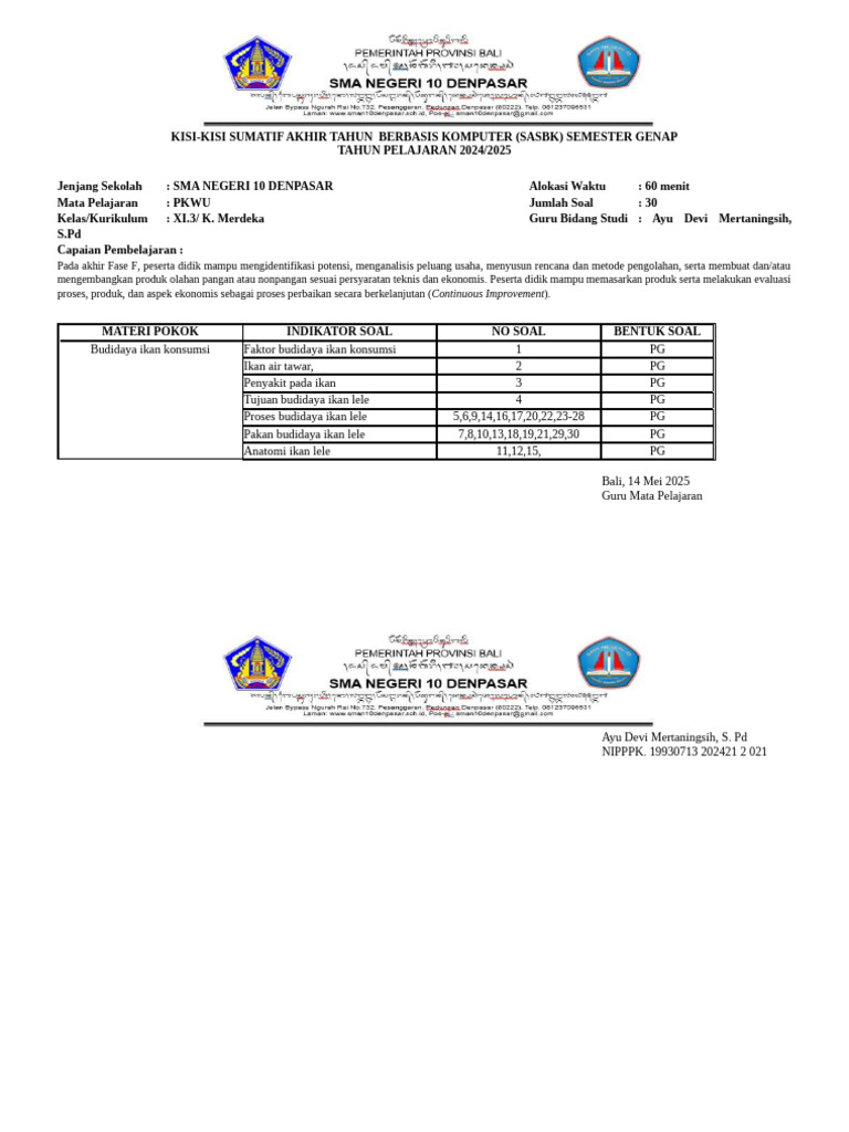 KISI-KISI SATBK GENAP BUDIDAYA IKAN LELE | PDF