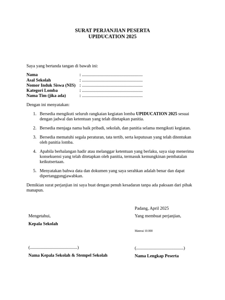 Surat Perjanjian Peserta Siswa Sekolah | PDF