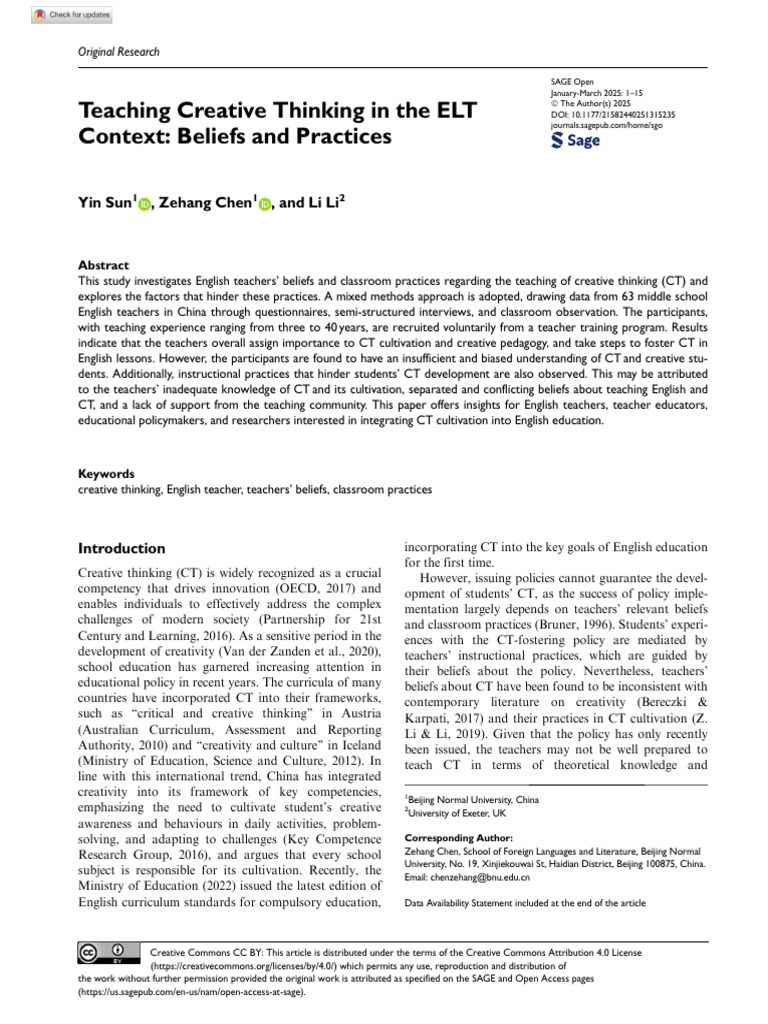 Sun Et Al 2025 Teaching Creative Thinking in The Elt Context Beliefs and Practices | PDF ...
