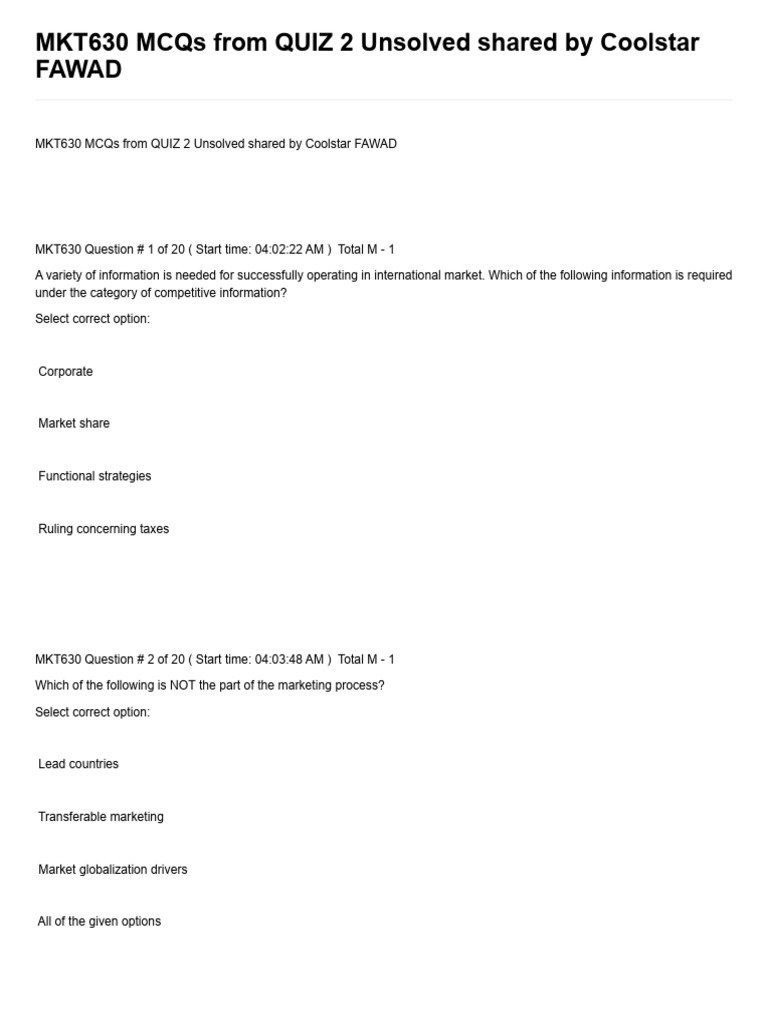 MKT630 MCQs From QUIZ 2 Unsolved Shared by Coolstar FAWAD | PDF | Marketing | Market (Economics)