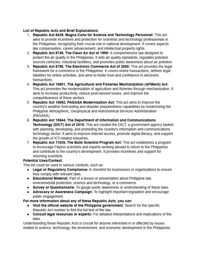 Republic Acts and Brief Explanations | PDF | E Commerce | Air Pollution