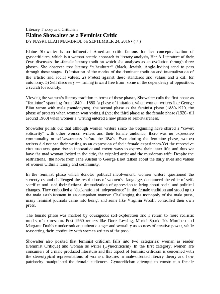 Elaine Showalter As A Feminist Critic - Mambrol | PDF | Feminism ...