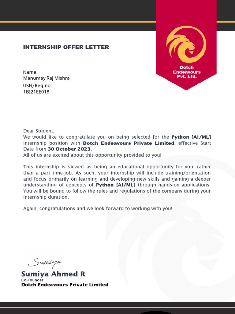 Python Internship Offer at Dotch | PDF