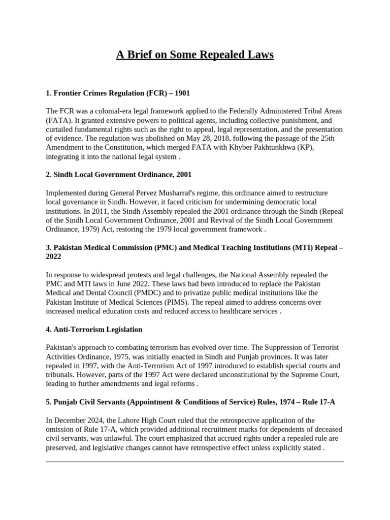 A Brief On Some Repealed Laws | PDF | Federally Administered Tribal ...